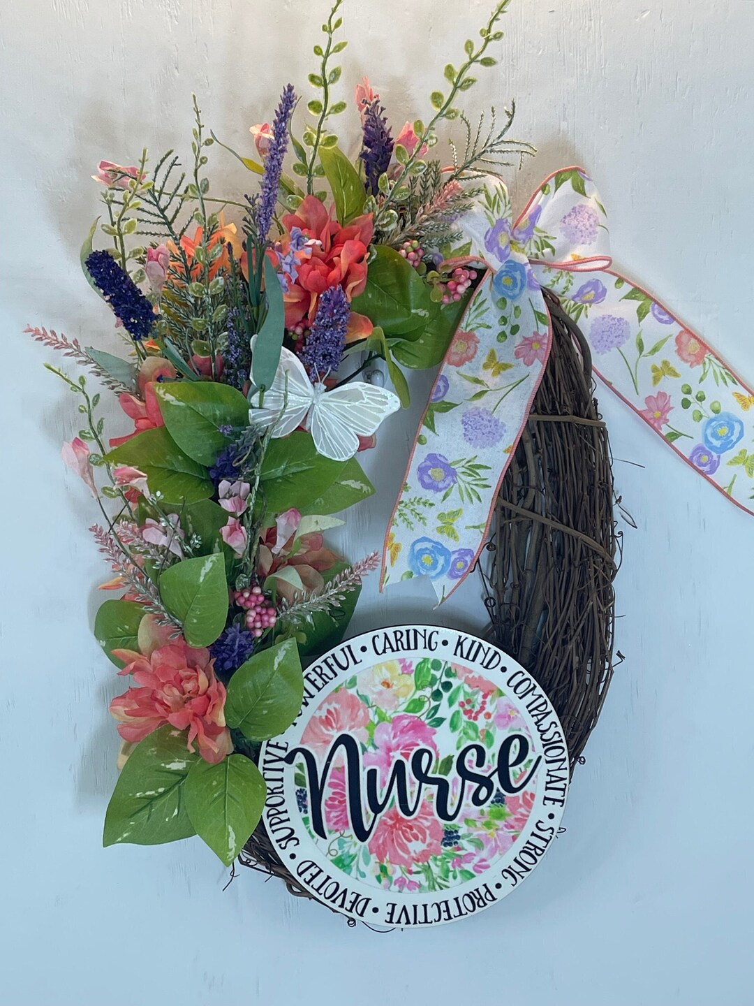 Nurse Floral Wreath, Butterflies, Ribbon, Wood, Oval, Berries - Etsy