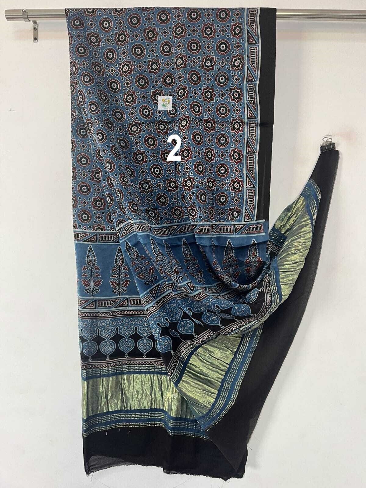 Hand Block Print Modal Silk Ajrakh Dupattas, With Tissue Pallu ...