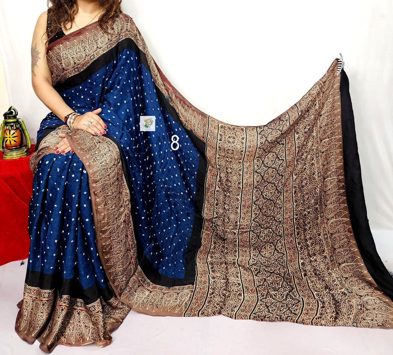 Ancient Bandhani on Modal Silk Saree, Pure Handblock Ajrakh Print ...