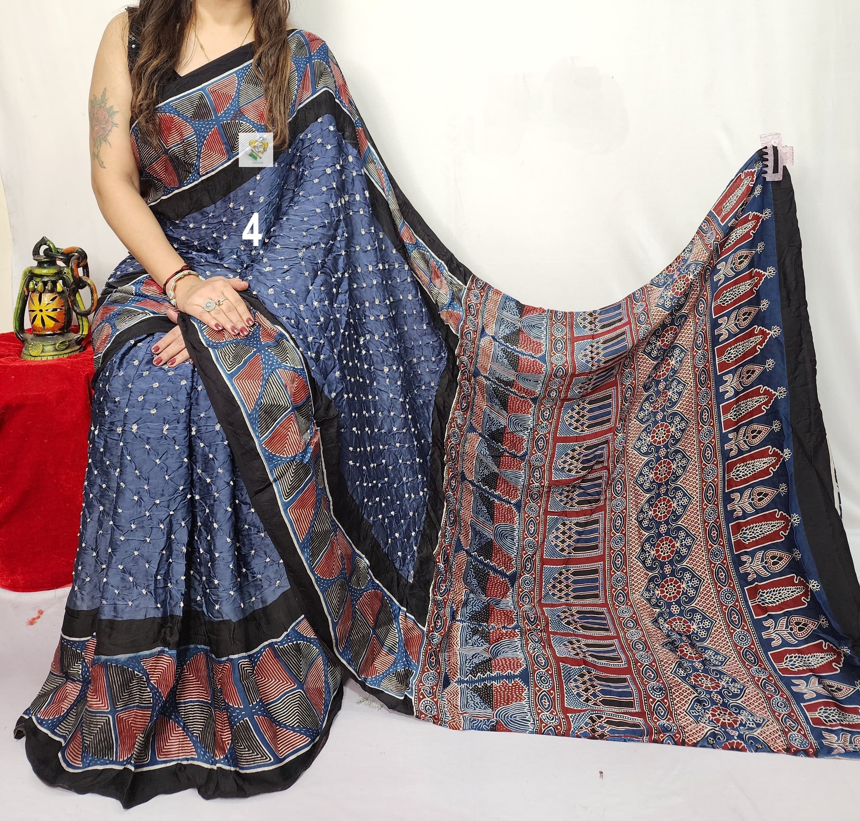 Ancient Handcrafted Bandhani Ajrakh on Modal Silk Saree, Pure Handblock ...