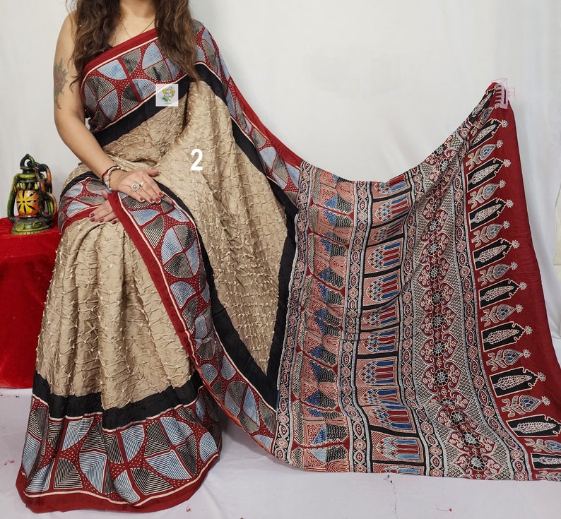 Ancient Handcrafted Bandhani Ajrakh on Modal Silk Saree, Pure Handblock ...