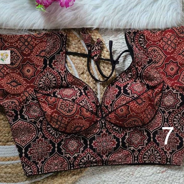 Hand Block Print Ajrakh Blouse, Pure Cotton or Modal Silk, Halter Neck Princees Cut Designer ...