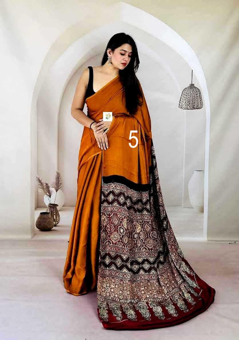 Handblock Print Ajrakh Modal Silk Saree, Organic Colour, Skin Friendly ...