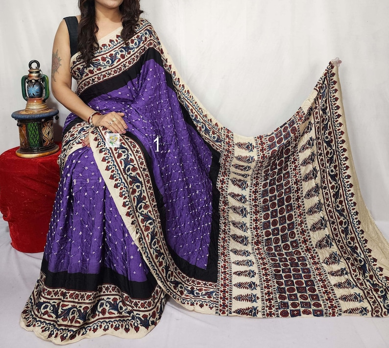 Ancient Handcrafted Bandhani Ajrakh on Modal Silk Saree, Pure Handblock ...
