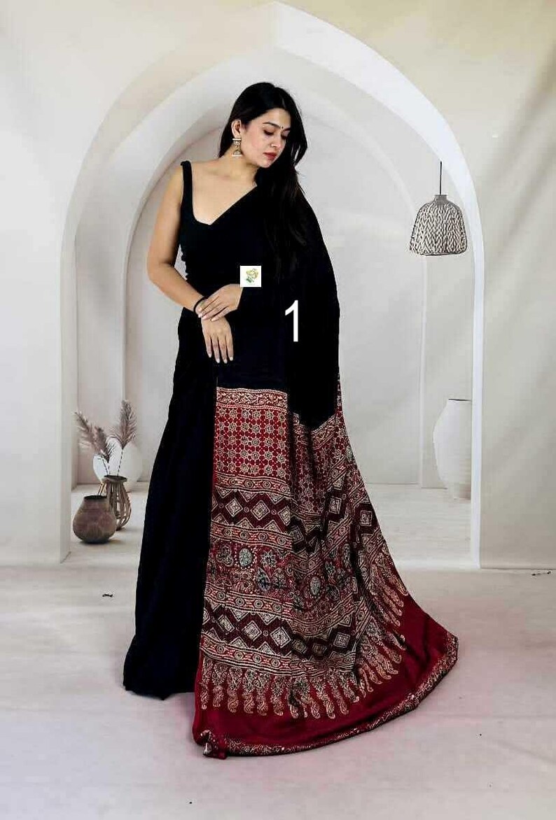 Handblock Print Ajrakh Modal Silk Saree, Organic Colour, Skin Friendly ...
