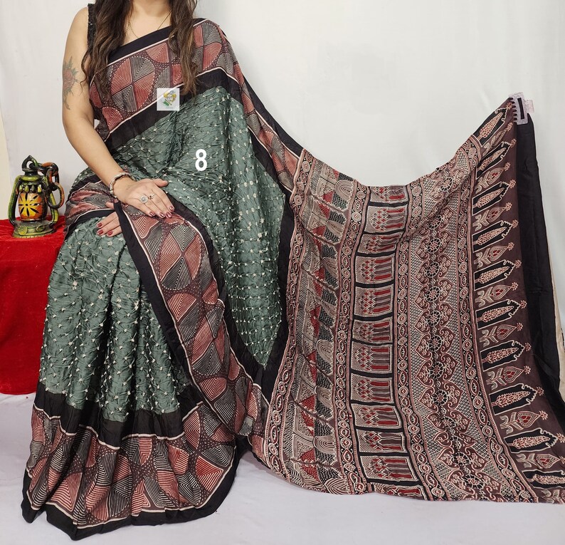 Ancient Handcrafted Bandhani Ajrakh on Modal Silk Saree, Pure Handblock ...