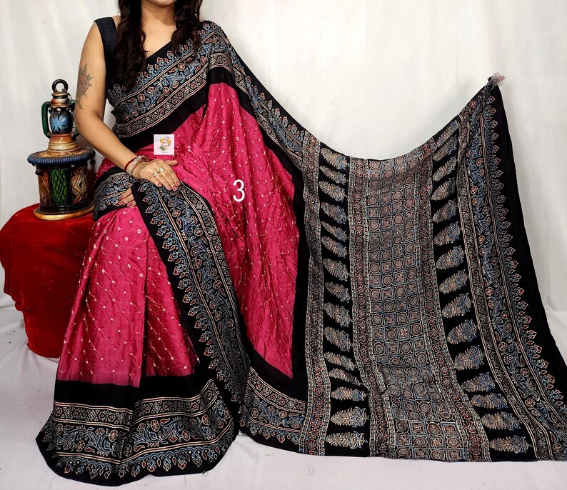 Ancient Handcrafted Bandhani Ajrakh on Modal Silk Saree, Pure Handblock ...