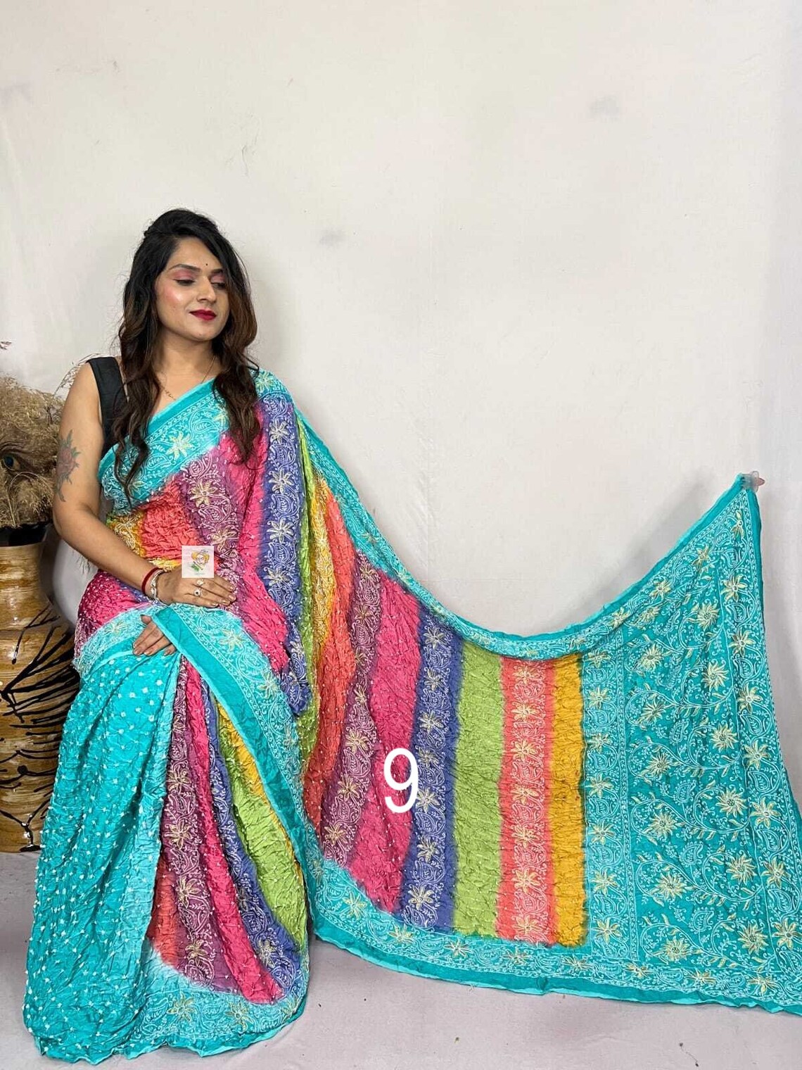 Ancient Bandhani on Modal Silk Saree, Lakhnavi Work, Traditional Gala ...