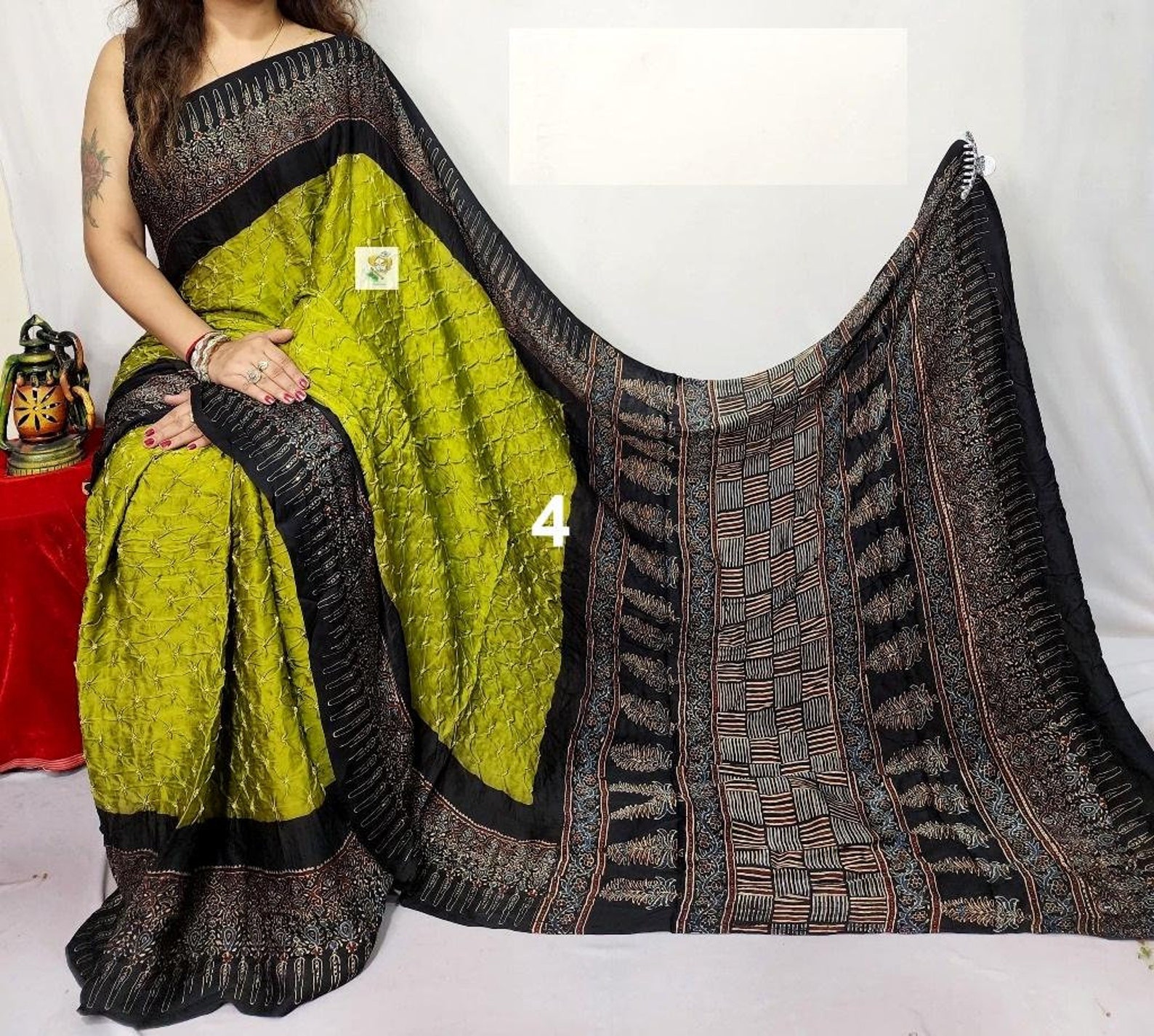 Ancient Bandhani on Modal Silk Saree, Pure Handblock Ajrakh Print ...