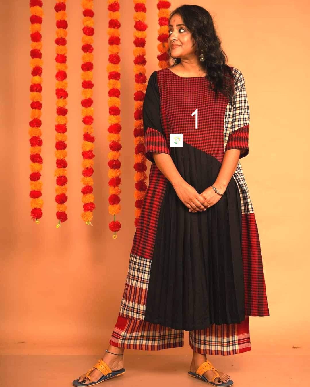 Gamcha Checks Pure Cotton Kurti Palazzo Set, Boat Neck, Cotton Lining ...