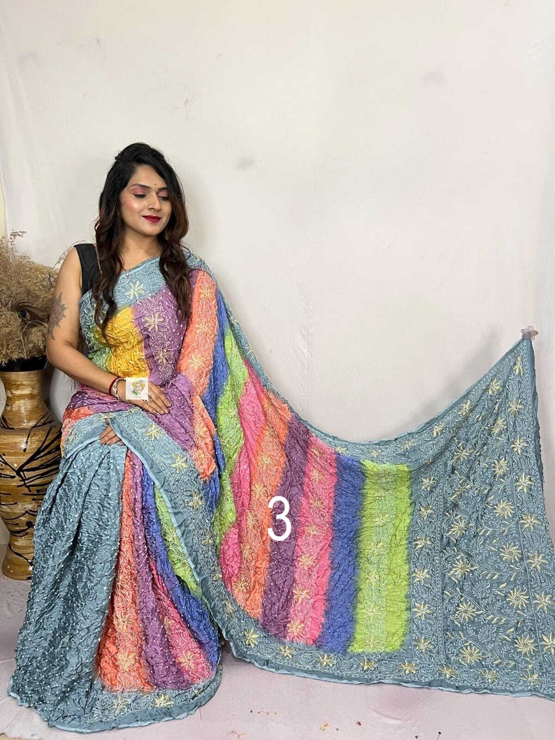 Ancient Bandhani on Modal Silk Saree, Lakhnavi Work, Traditional Gala ...