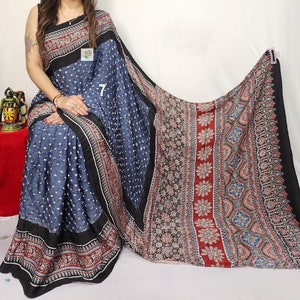 Ancient Handcrafted Bandhani Ajrakh on Modal Silk Saree, Pure Handblock ...