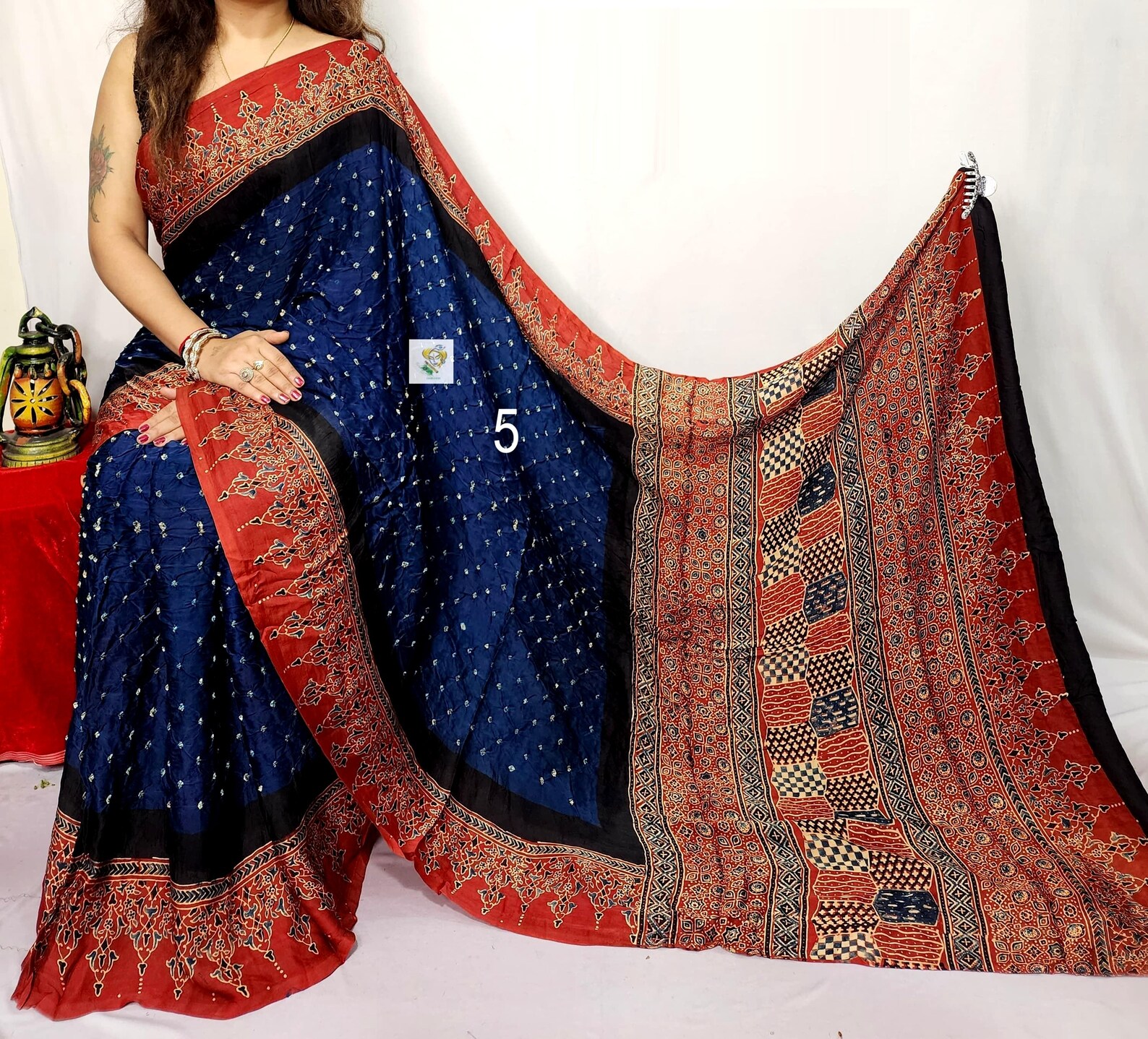 Ancient Bandhani on Modal Silk Saree, Pure Handblock Ajrakh Print ...