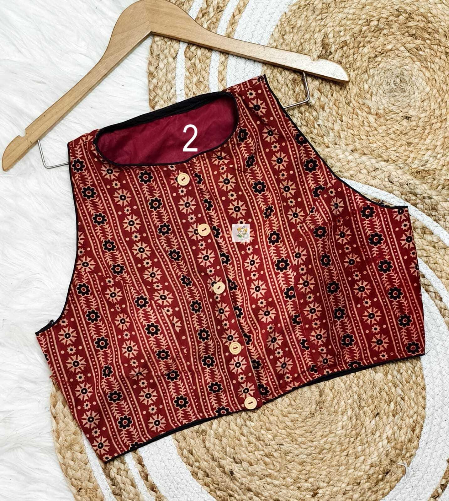 Hand Block Print Ajrakh Blouse, Pure Cotton, Padded, Halter Neck, Front ...