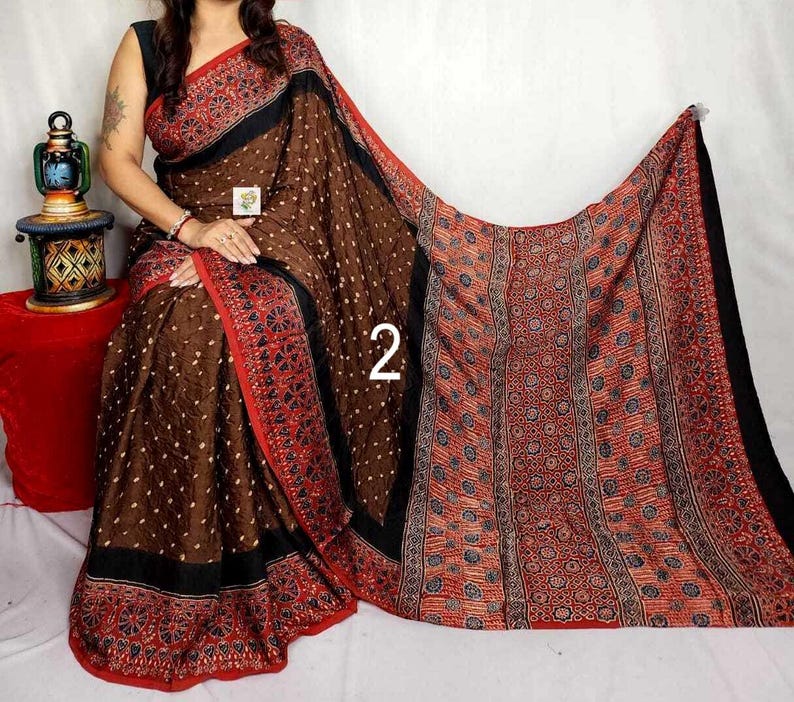 Ancient Handcrafted Bandhani Ajrakh on Modal Silk Saree, Pure Handblock ...