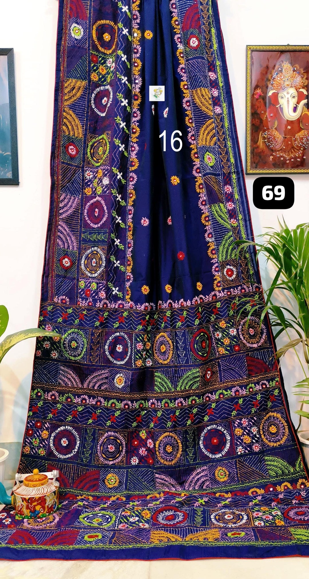 Hand Lambani Stitch Work Bangalore Silk Saree, Contrast Cord Piping ...