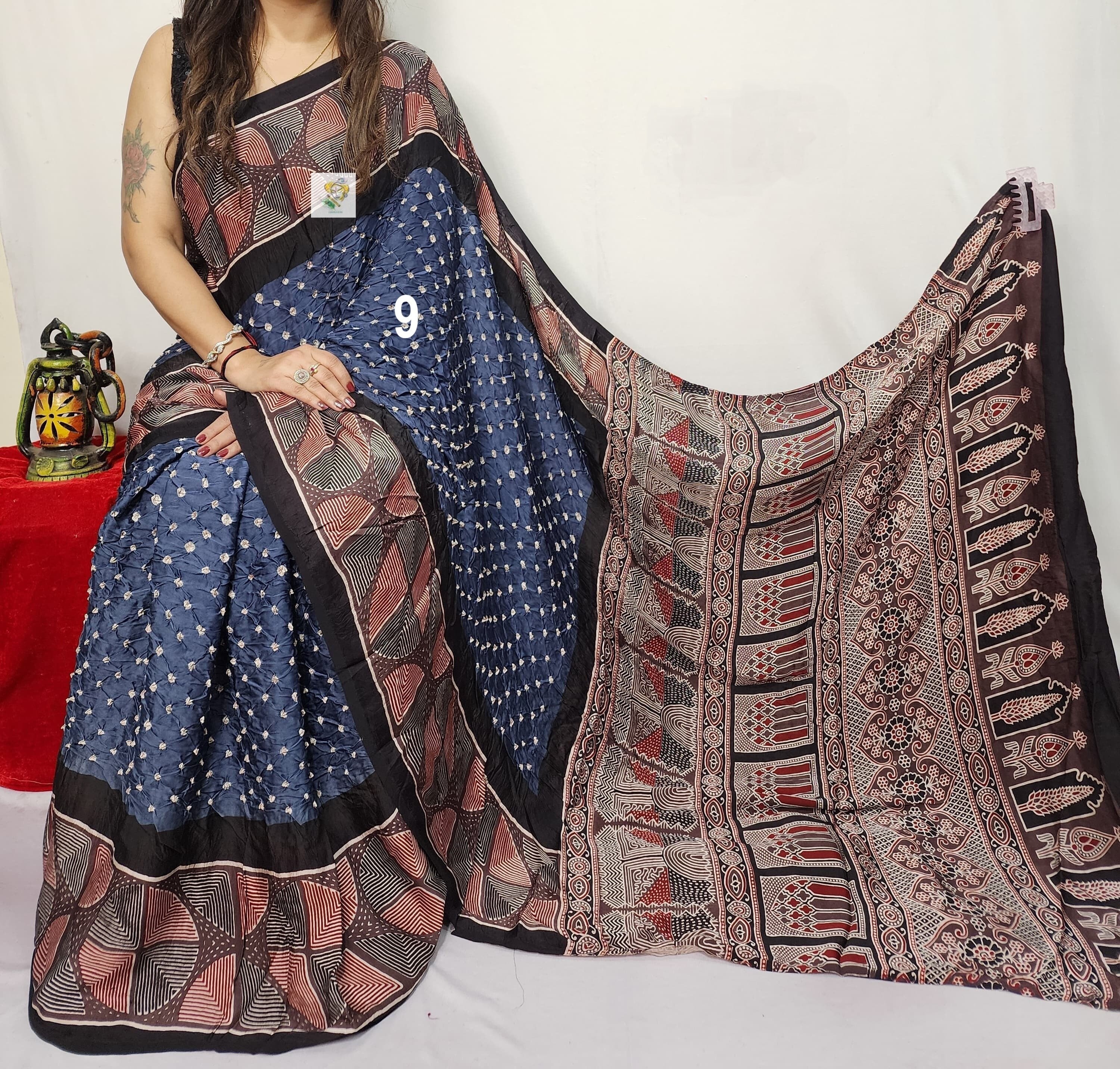 Ancient Handcrafted Bandhani Ajrakh on Modal Silk Saree, Pure Handblock ...