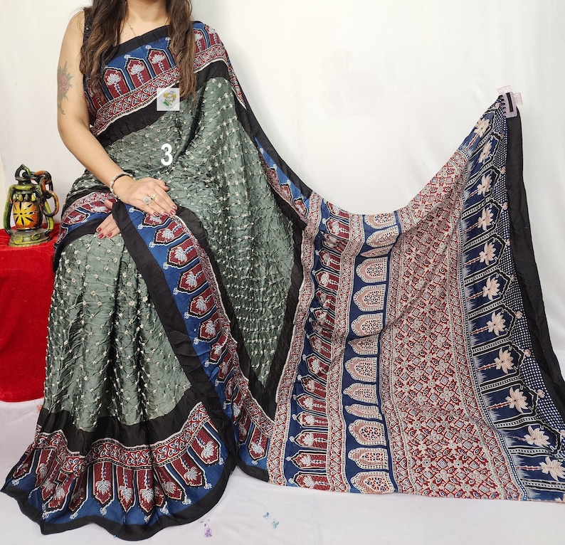Ancient Handcrafted Bandhani Ajrakh on Modal Silk Saree, Pure Handblock ...