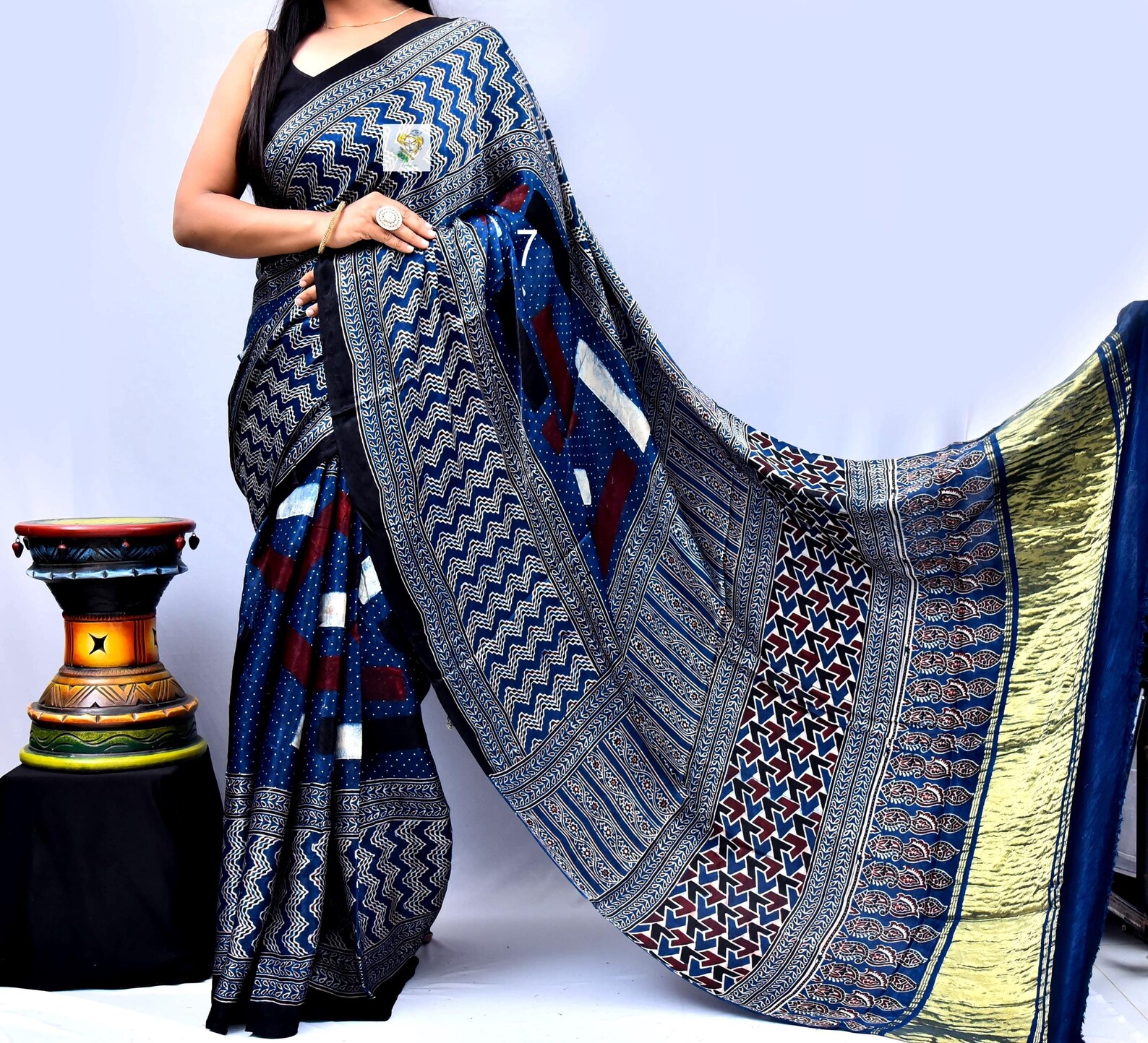 Pure Modal Silk Ajrakh Saree With Lagdi Patta, Hand Block Print ...