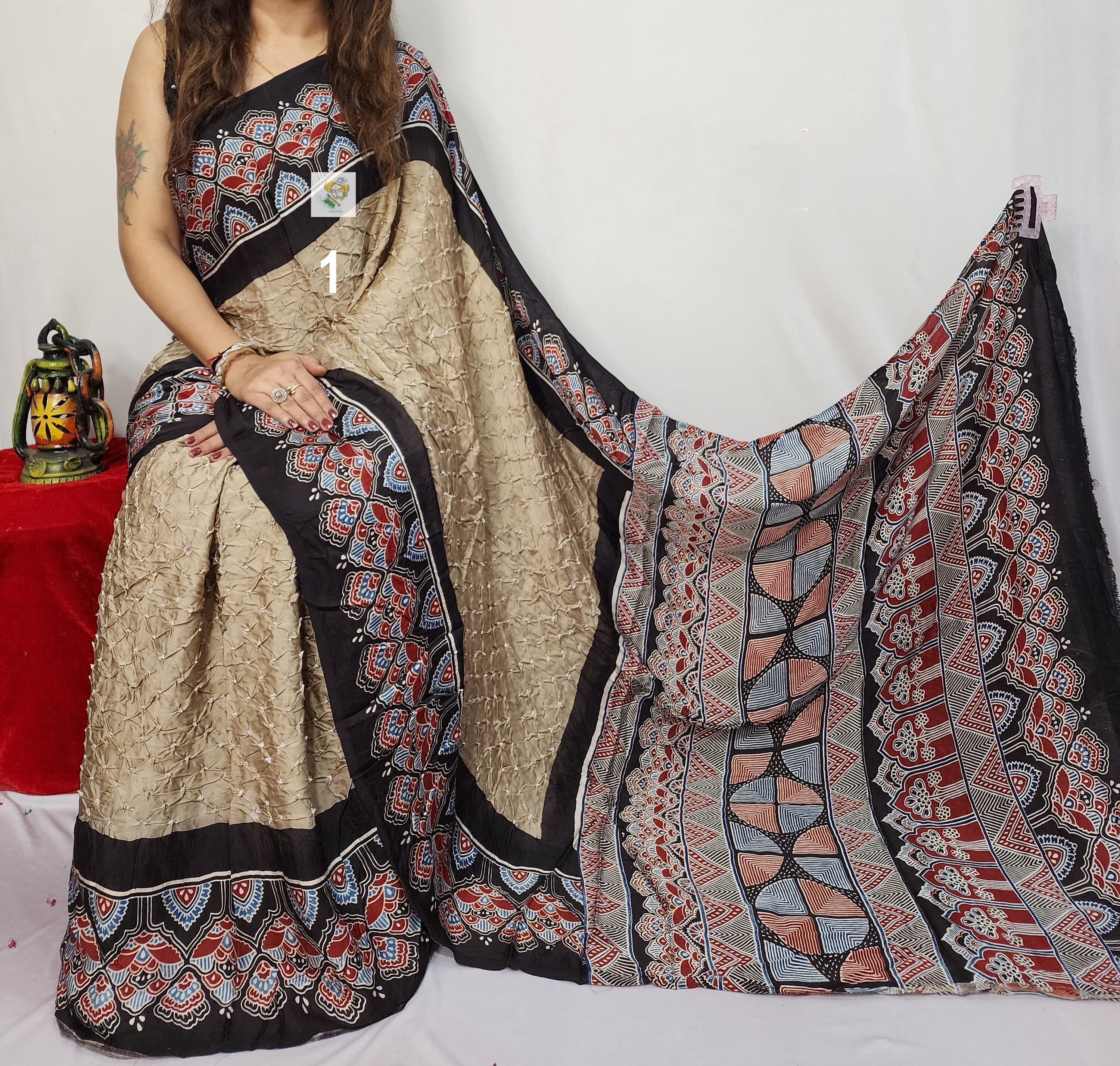 Ancient Handcrafted Bandhani Ajrakh on Modal Silk Saree, Pure Handblock ...