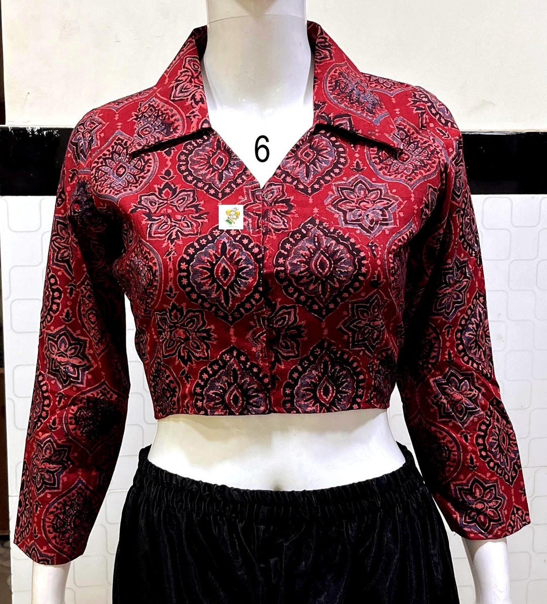 Hand Block Print Ajrakh Crop Top, Pure Cotton Full Sleeve Blouse ...