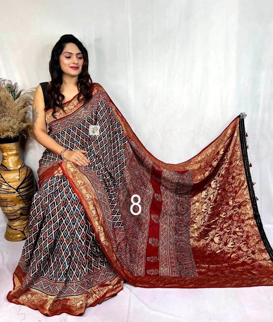 Red Base Ajrakh Pure Dola Silk Saree, Designed Lagdi Patta and Border ...