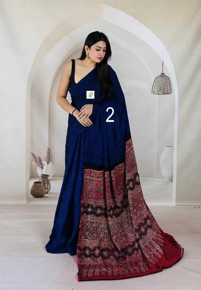 Handblock Print Ajrakh Modal Silk Saree, Organic Colour, Skin Friendly ...