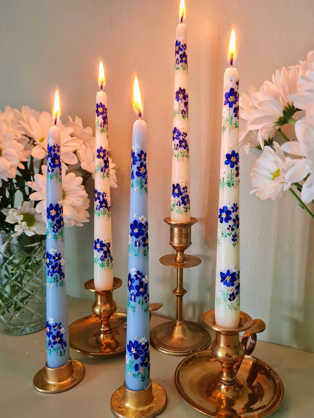 Blue Floral Painted Candle. Painted Candle. Floral Painted Candle ...
