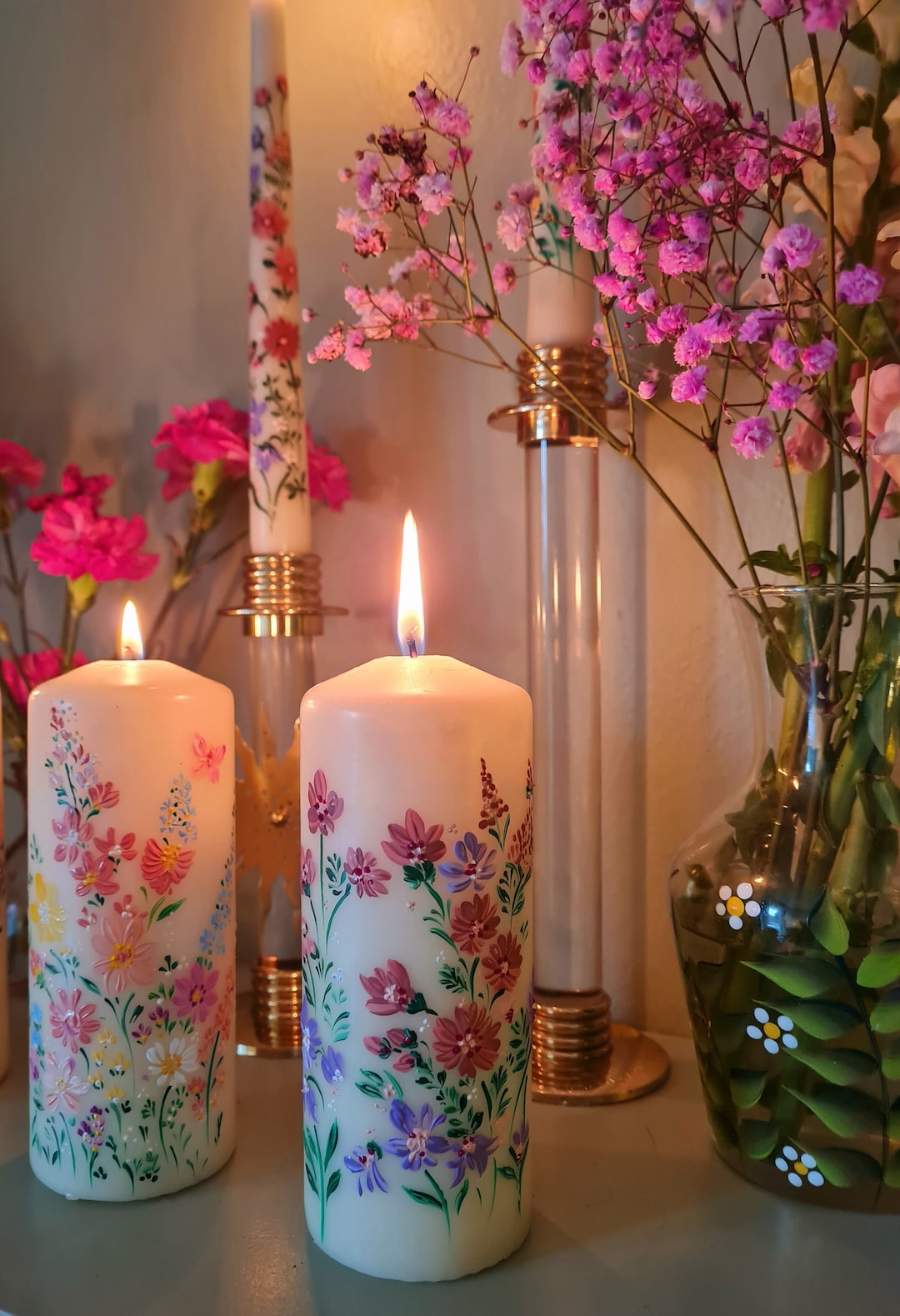 Flower Painted Candle. Painted Candle. Floral Painted Pillar Candle ...