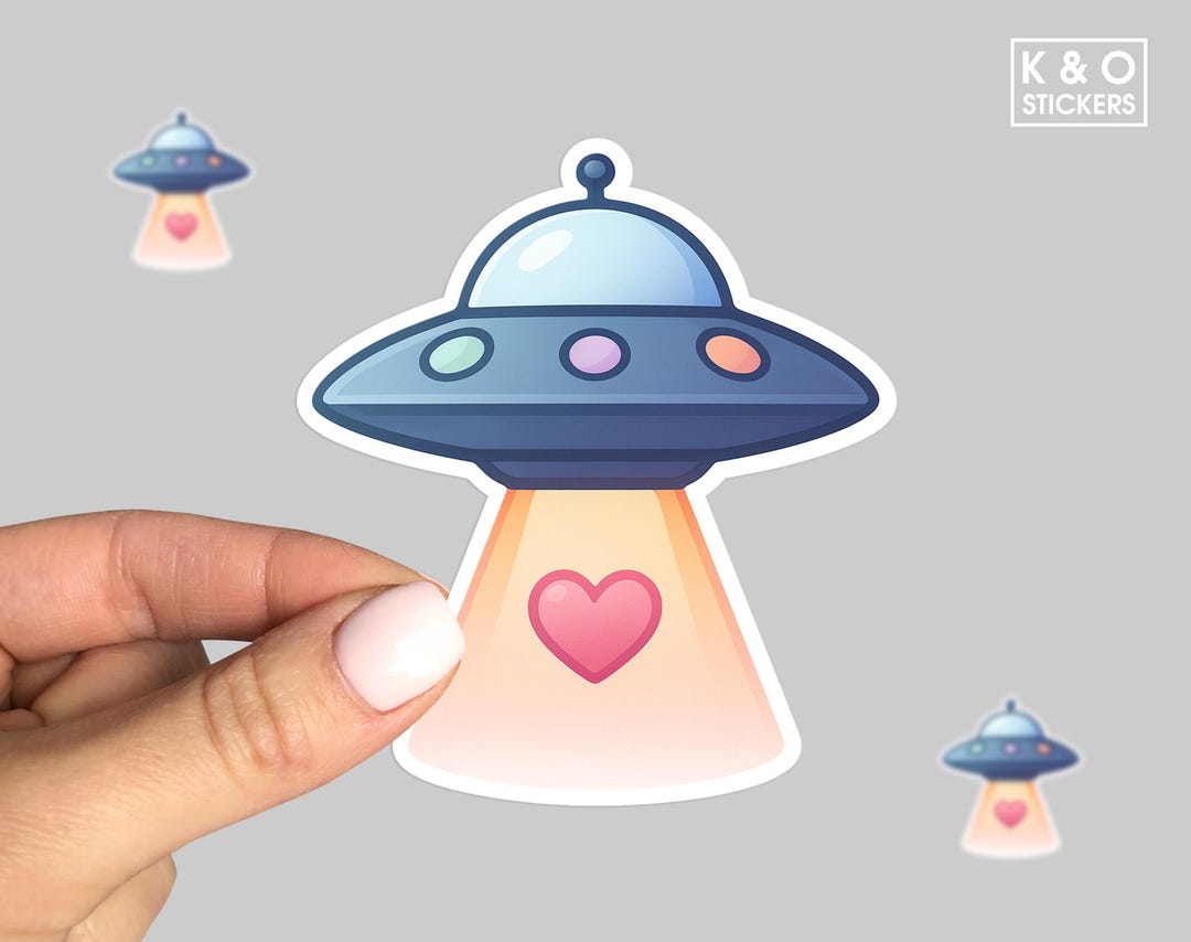 Cute UFO Heart Beam Sticker – Pastel Alien Spaceship Vinyl Decal for ...