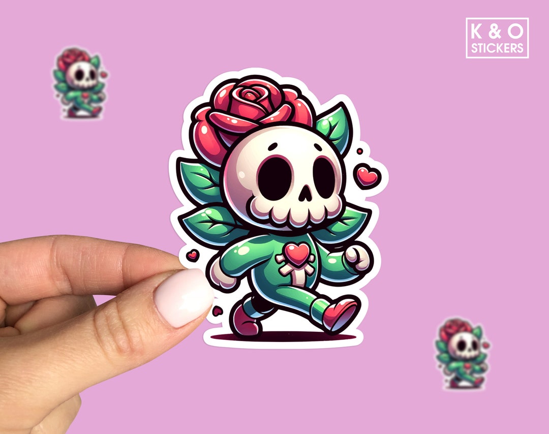 Cartoon Skull and Roses Sticker, Cute Gothic Vinyl Decal, Floral Skull ...