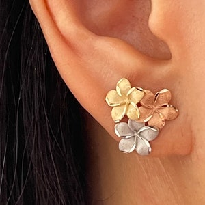 Total Weight 2.3 Grams 14-karat Solid Tricolor Gold Hawaiian 16mm Triple Plumeria Flowers Stud ...