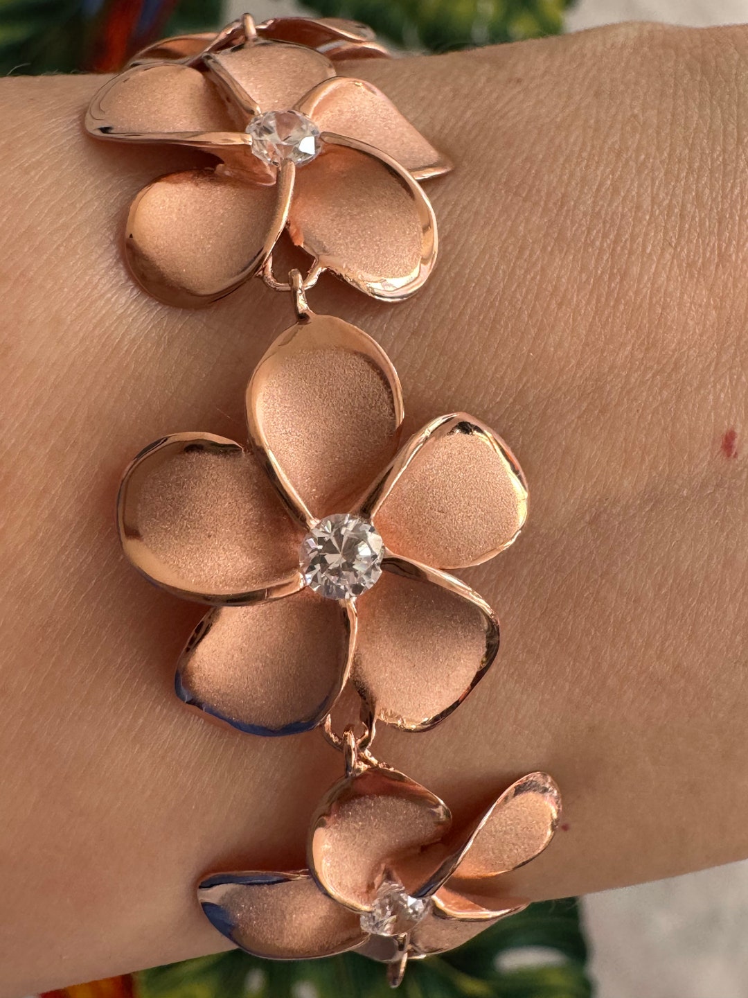 Hawaiian 18mm Plumeria Flower Cubic Zirconia Bracelet in Solid 925 ...