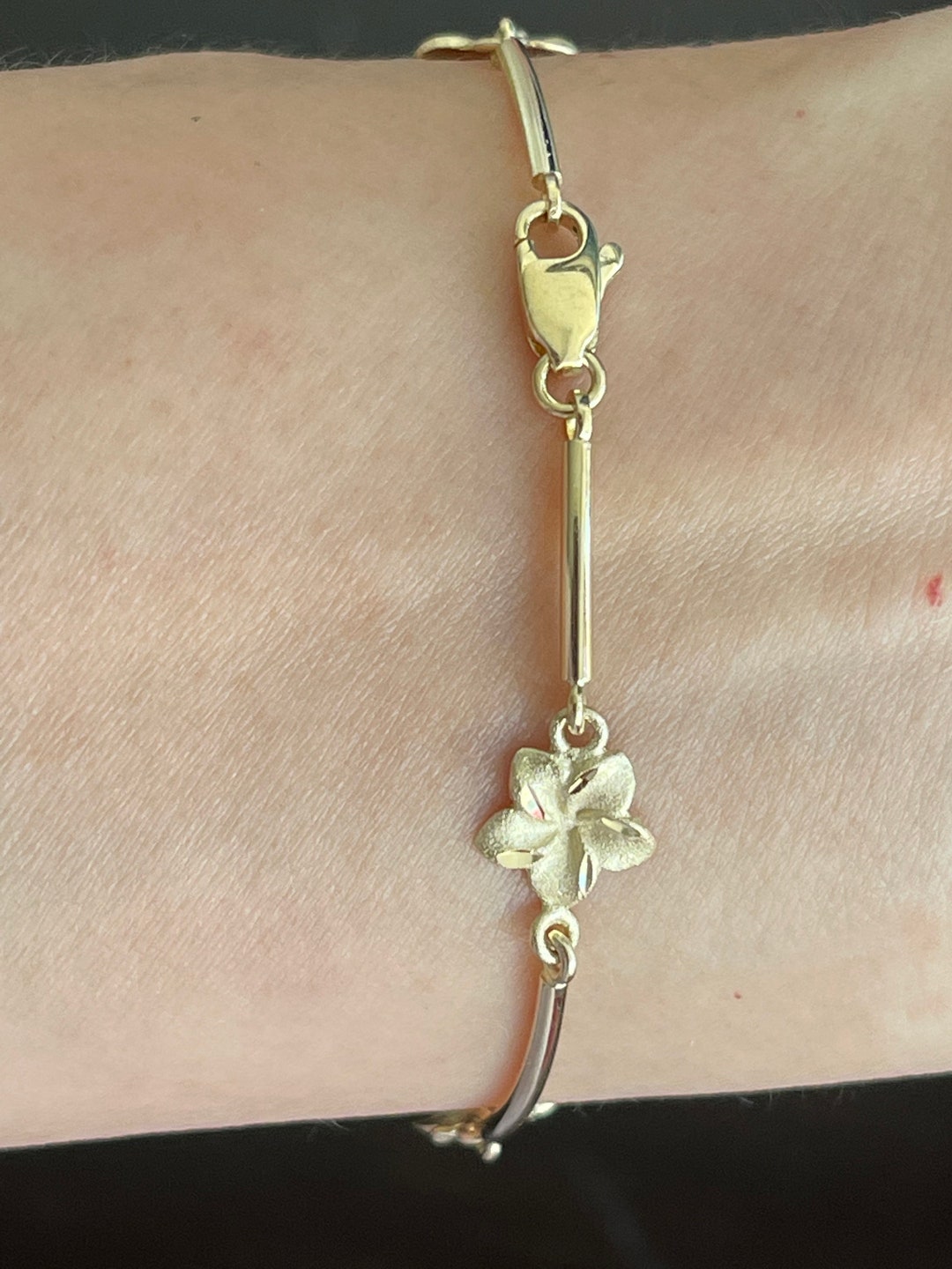 14 Karat Solid Yellow Gold Hawaiian 9mm Plumeria Flowers Lei Bracelet 7 ...