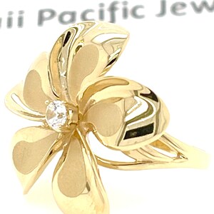 14 Karat Solid Yellow Gold Hawaiian 25mm Plumeria Flower With Cubic ...