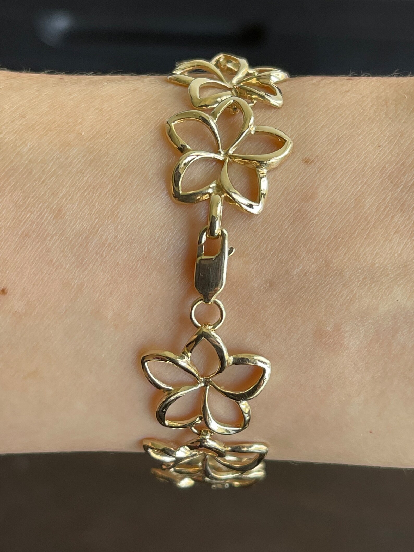 14 Karat Solid Yellow Gold Hawaiian 18mm Plumeria Flower Lei Bracelet 7 ...