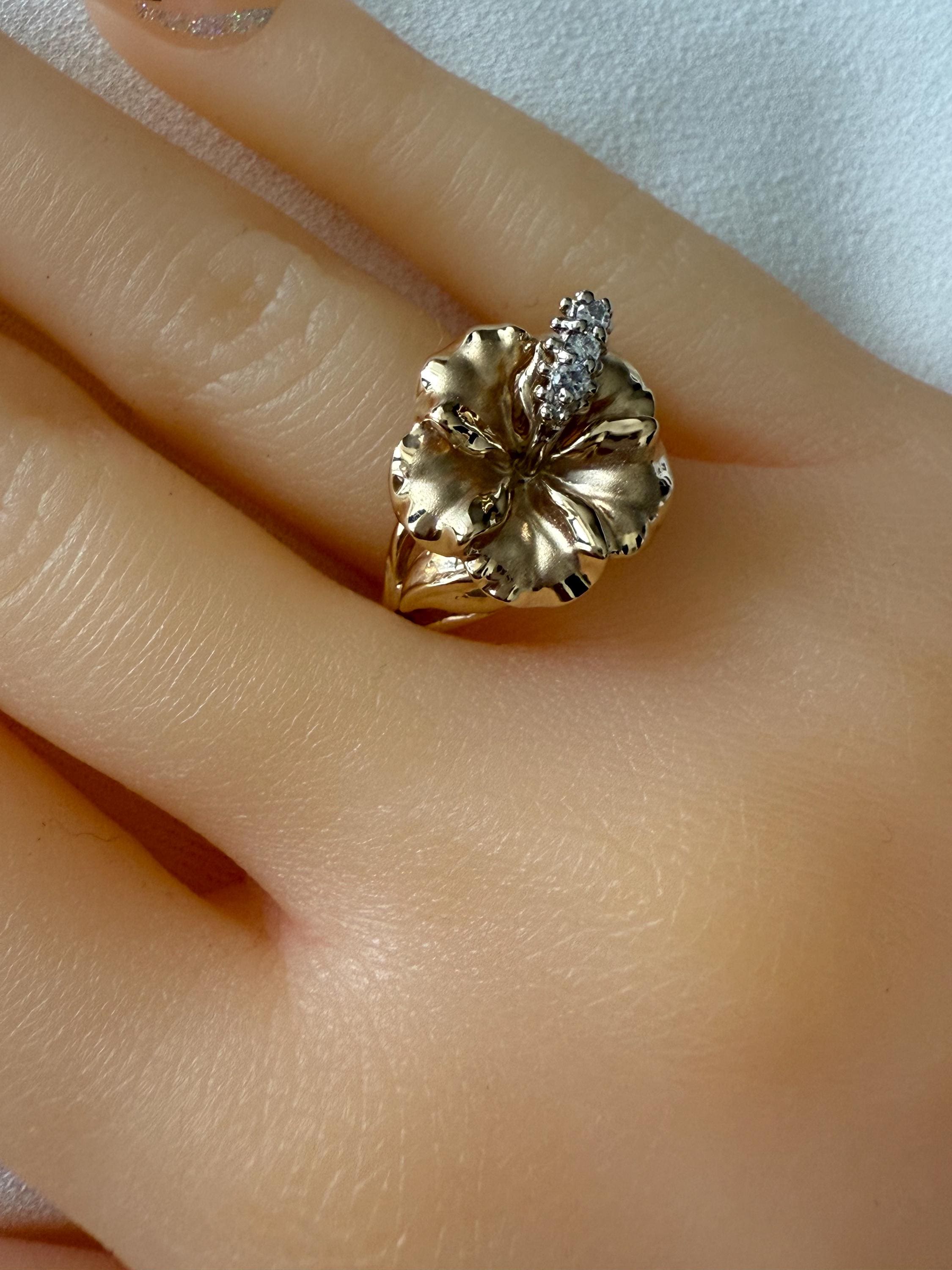 Natural Diamonds Hawaiian Heirloom Hibiscus Flower Maile Band Ring 14KT ...