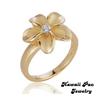 Hawaiian 15mm Plumeria With Cubic Zirconia Ring in White Gold Rhodium ...