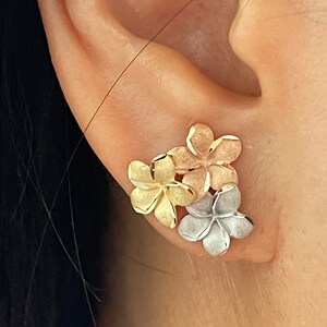 Total Weight 2.3 Grams 14-karat Solid Tricolor Gold Hawaiian 16mm Triple Plumeria Flowers Stud ...