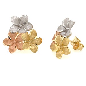 Total Weight 2.3 Grams 14-karat Solid Tricolor Gold Hawaiian 16mm Triple Plumeria Flowers Stud ...