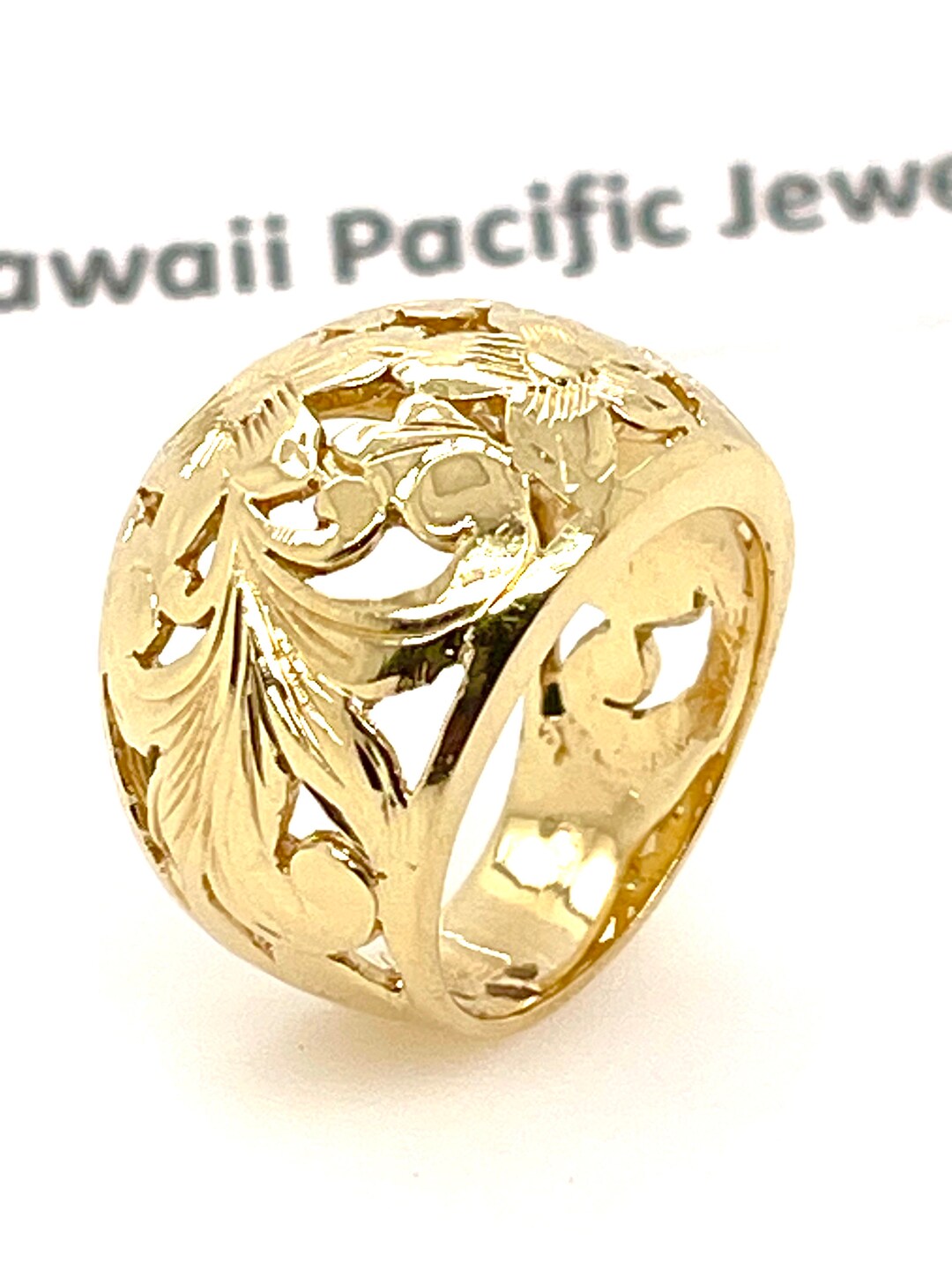 14K Solid Yellow Gold Hawaiian Heirloom Ring: Plumeria Flower, Maile ...