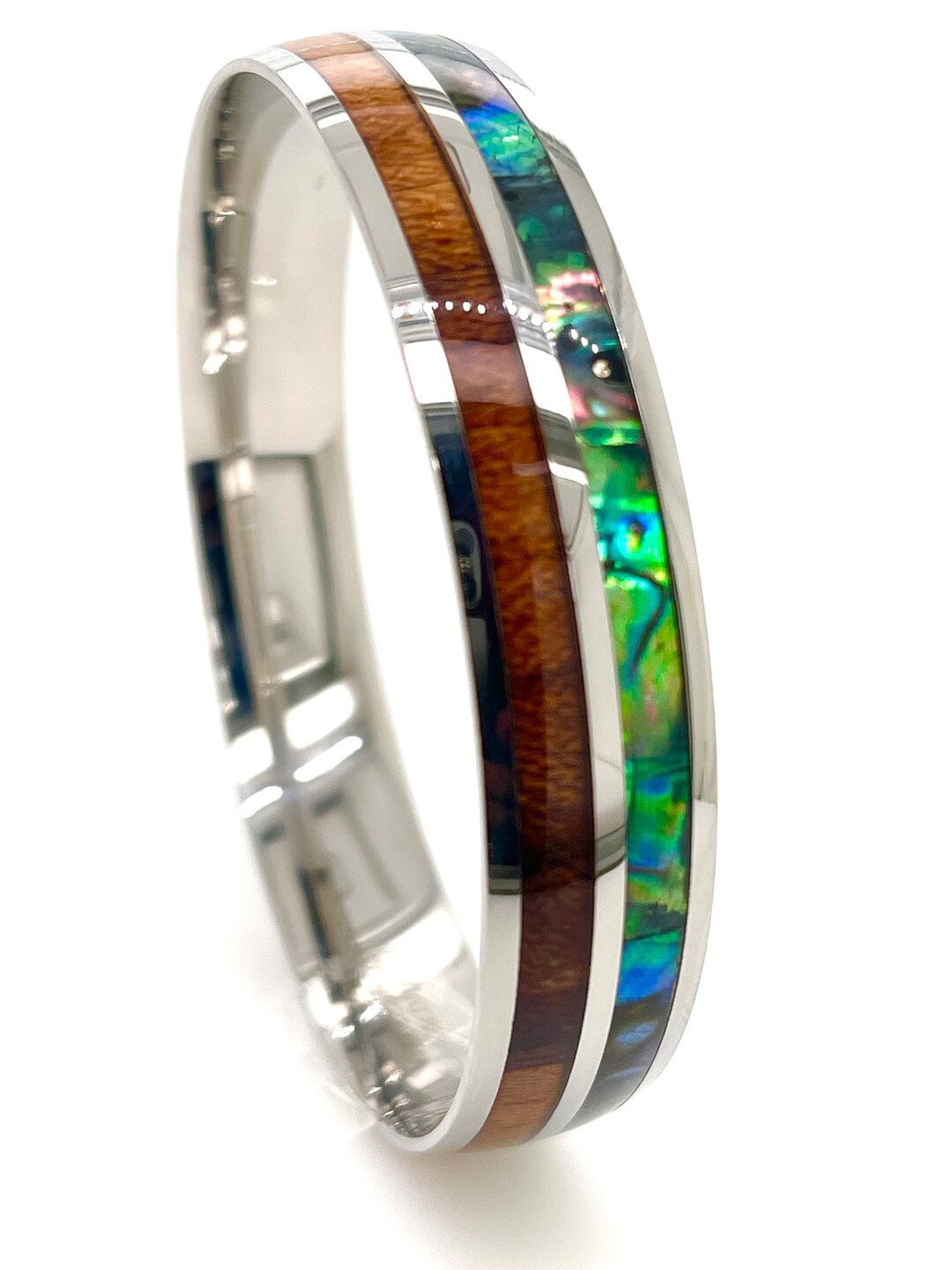 Koa Wood Abalone Shell Bangle Bracelet: Silver Stainless Steel - Etsy