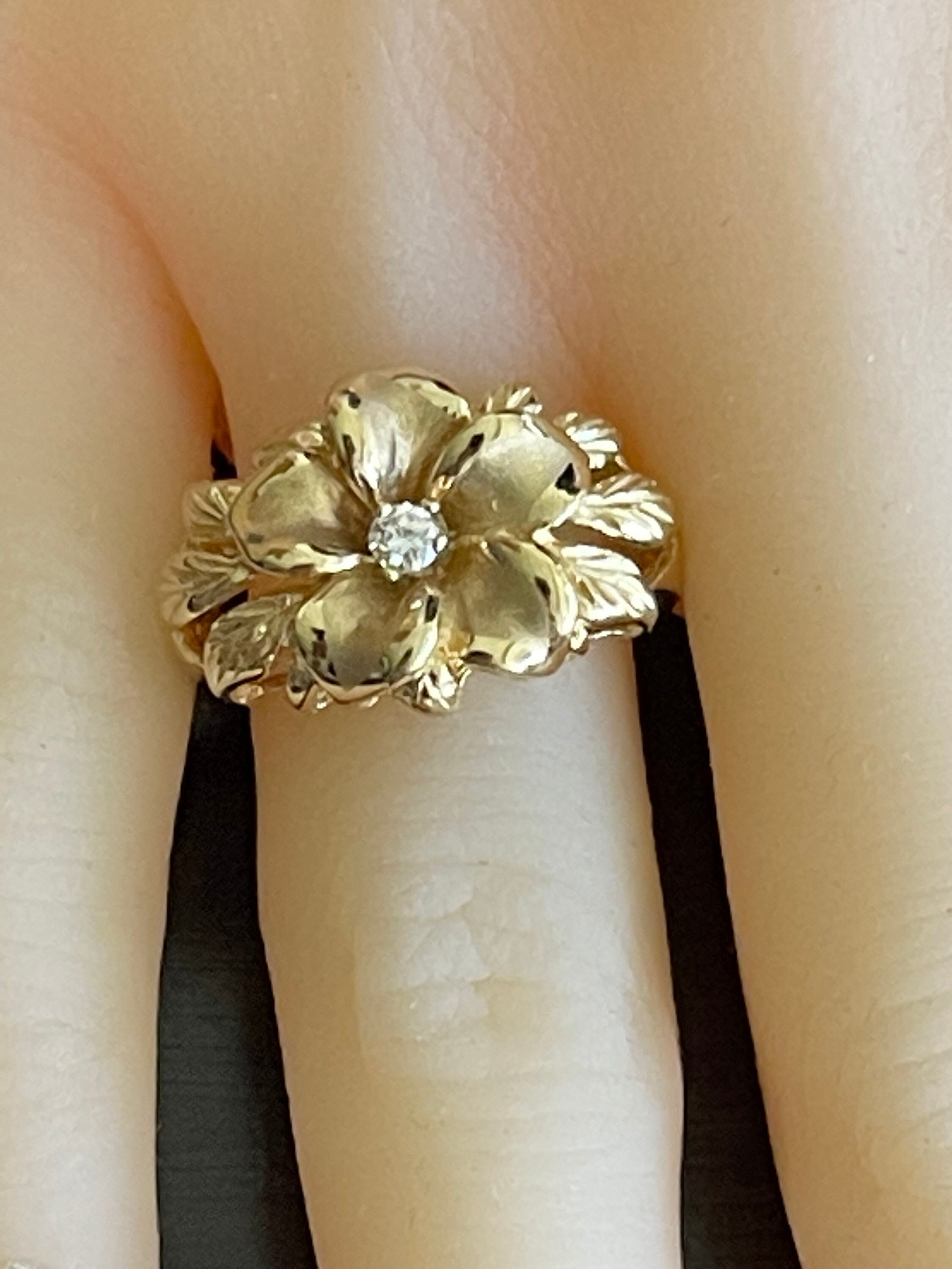 14K Solid Yellow Gold Hawaiian Heirloom Plumeria CZ Ring - Etsy