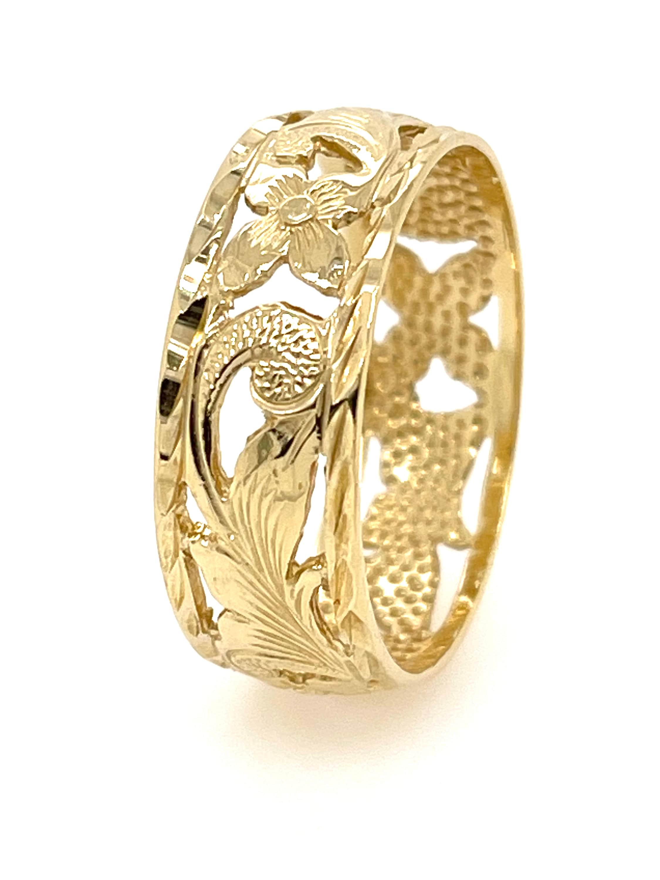 14K Solid Gold Hawaiian Heirloom Ring: Plumeria Maile Leaf Scroll ...