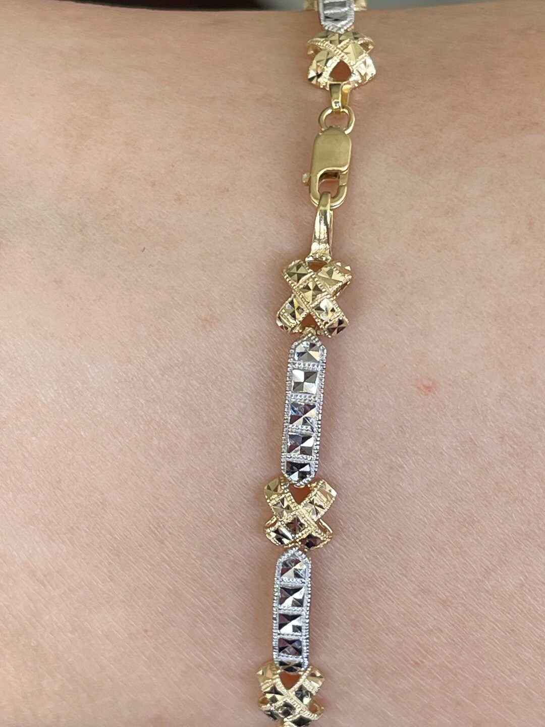 14K Solid Two Tone Gold Anklet: Diamond Cut Link, 9.5 Inch - Etsy