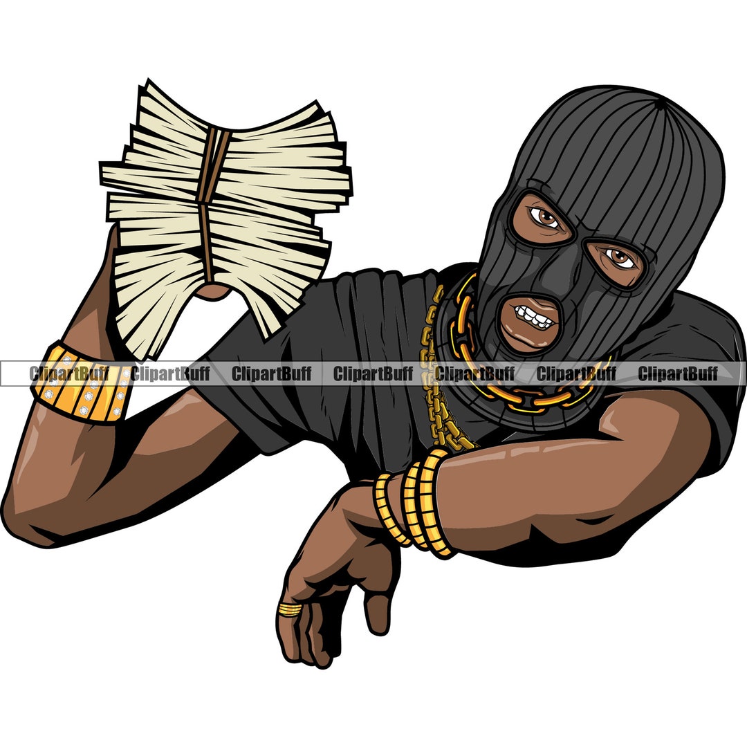Gangster Hustle Gang Member Thug Black Man Holding Money Stack Ski Mask ...