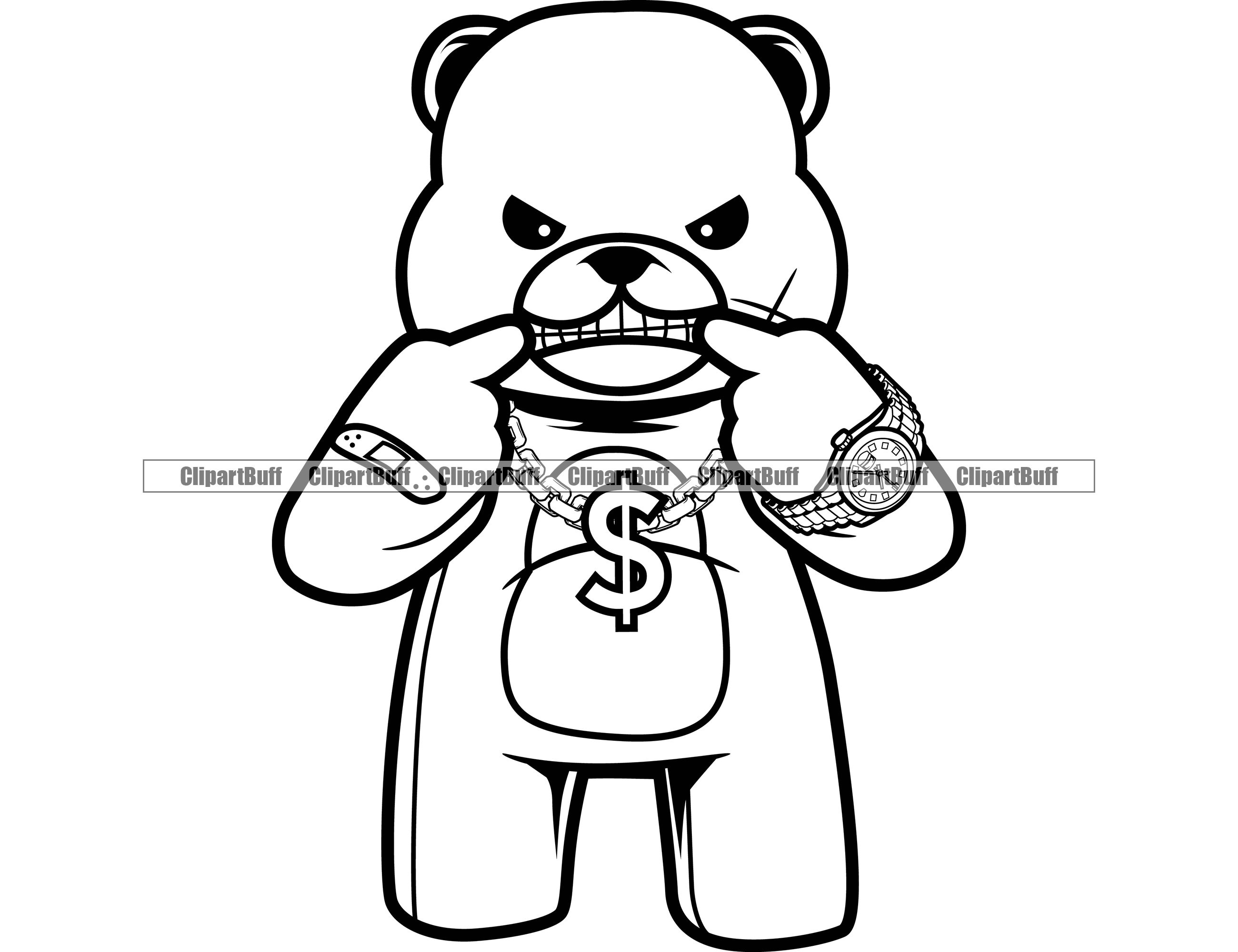 Gangster Hustle Teddy Bear Showing Gold Teeth Grill Cartoon Hip Hop Rap ...