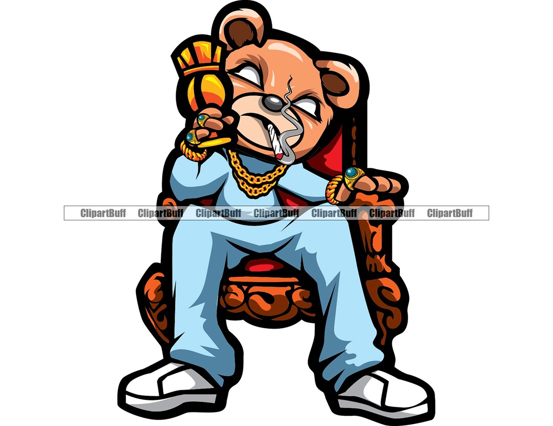 Gangster Hustle Teddy Bear Sitting Throne Smoking Cigar Holding Gold ...