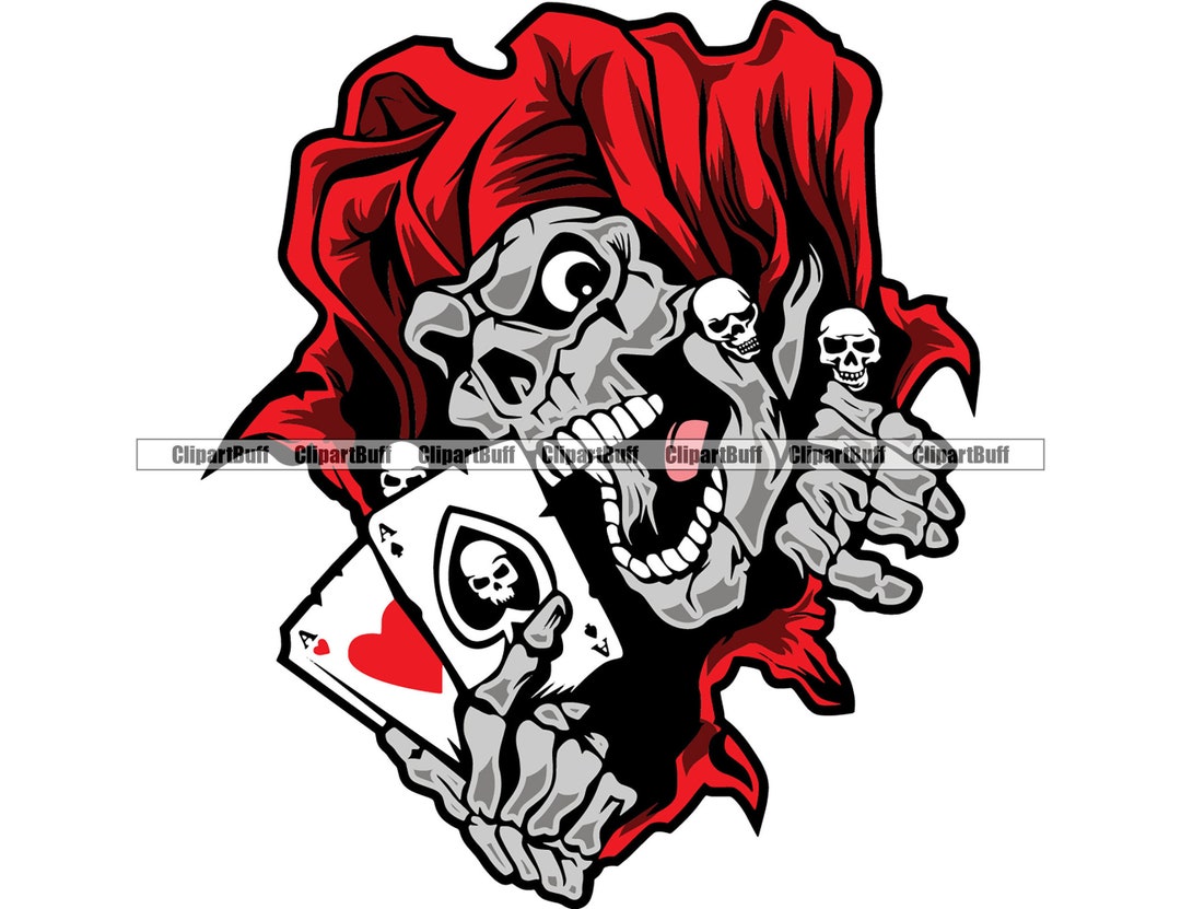 Skull Hand Joker Skeleton Jester Hat Holding Poker Playing Card Aces ...