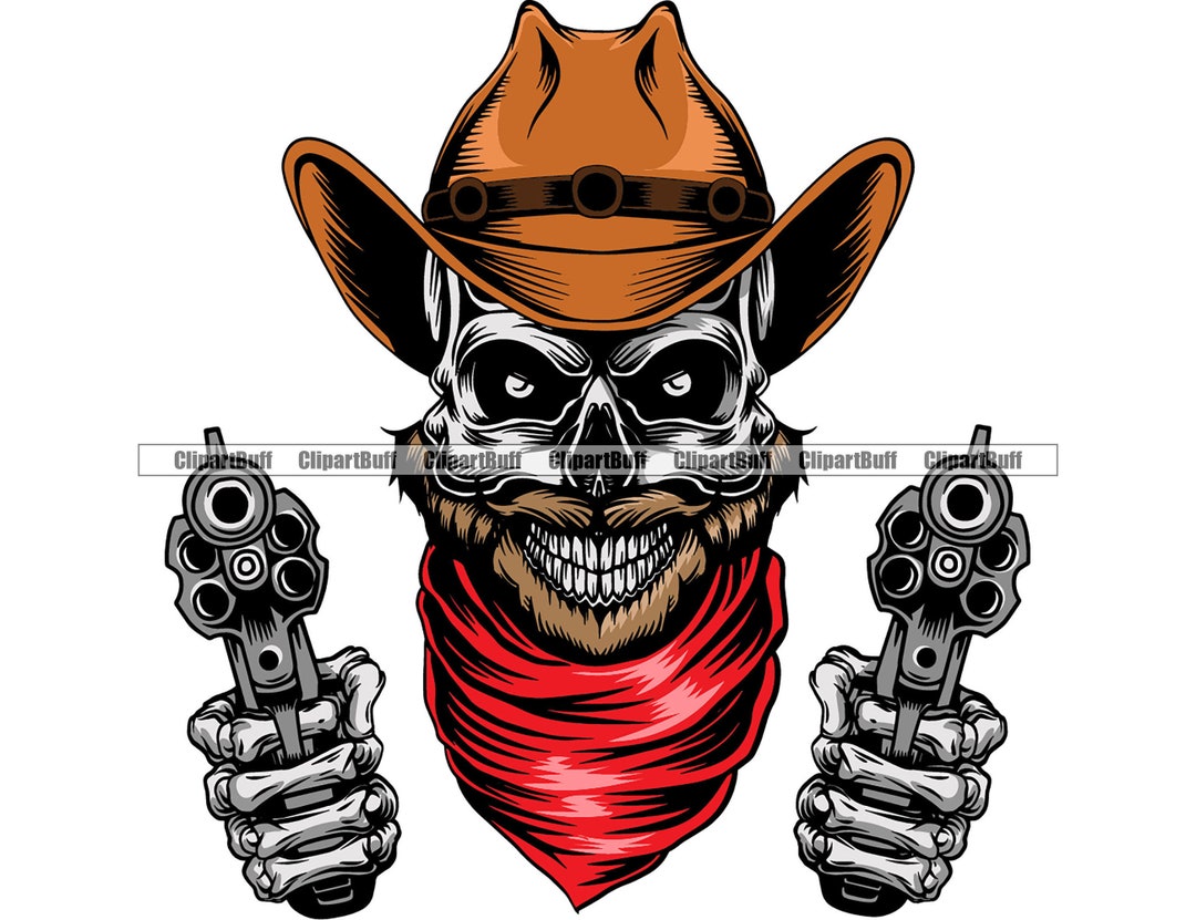 Skull Cowboy Hat Guns Old Wild West Western Skeleton Outlaw Beard ...